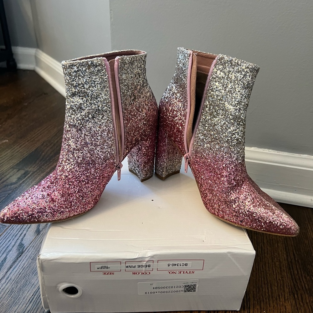 Pink Glitter Block Heel Boots - Gem